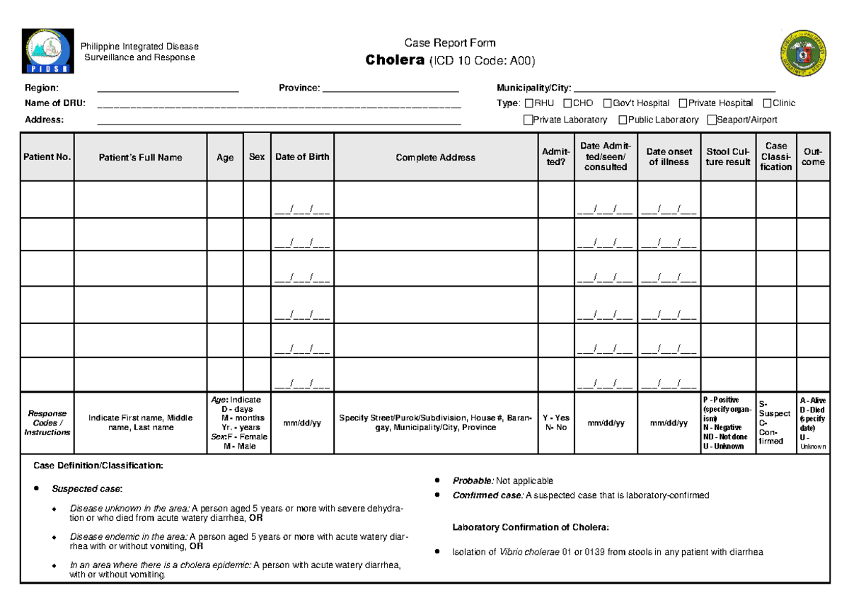 Cholera Case Report Form (ICD 10: A00) for Surveillance - Studocu