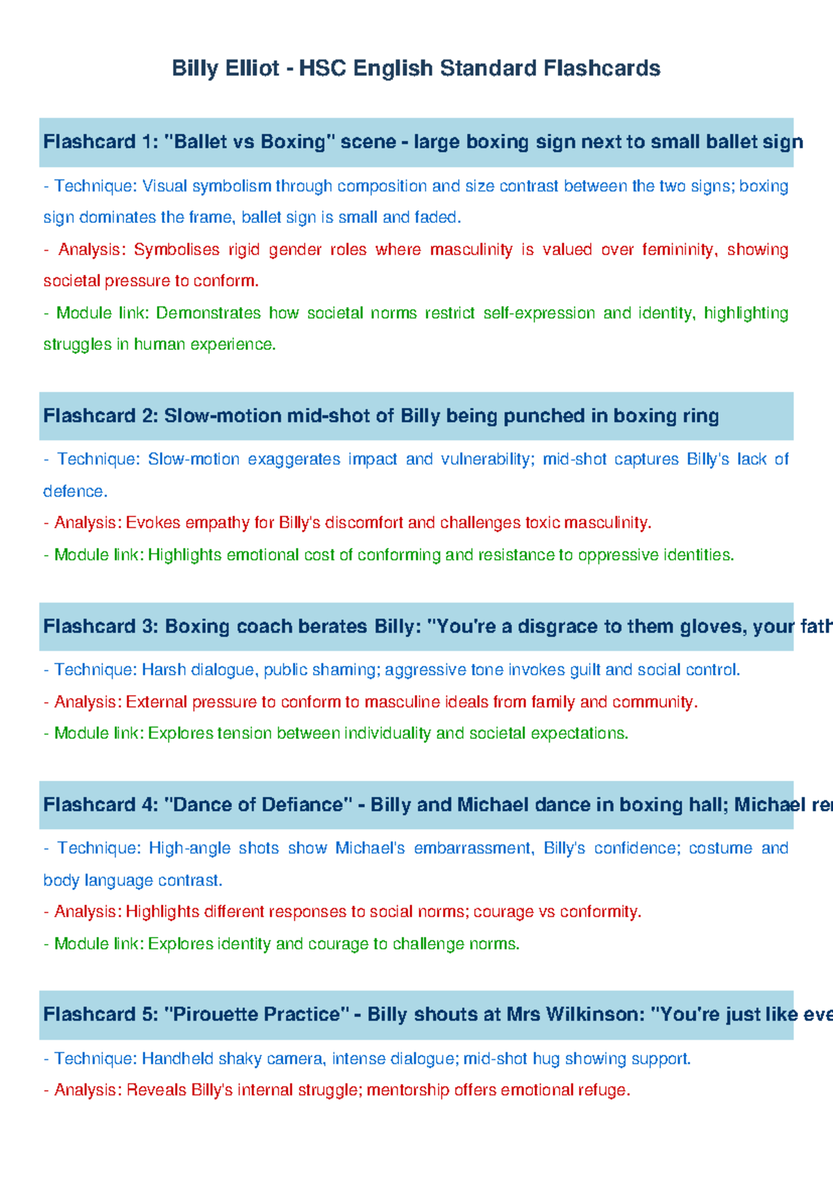 Billy Elliot HSC English Standard Flashcards Analysis and Techniques ...