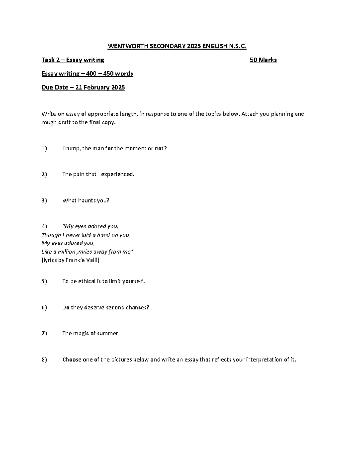 Gr 12 English N.S. Task 2: Essay Writing for 2025 Exam Preparation ...