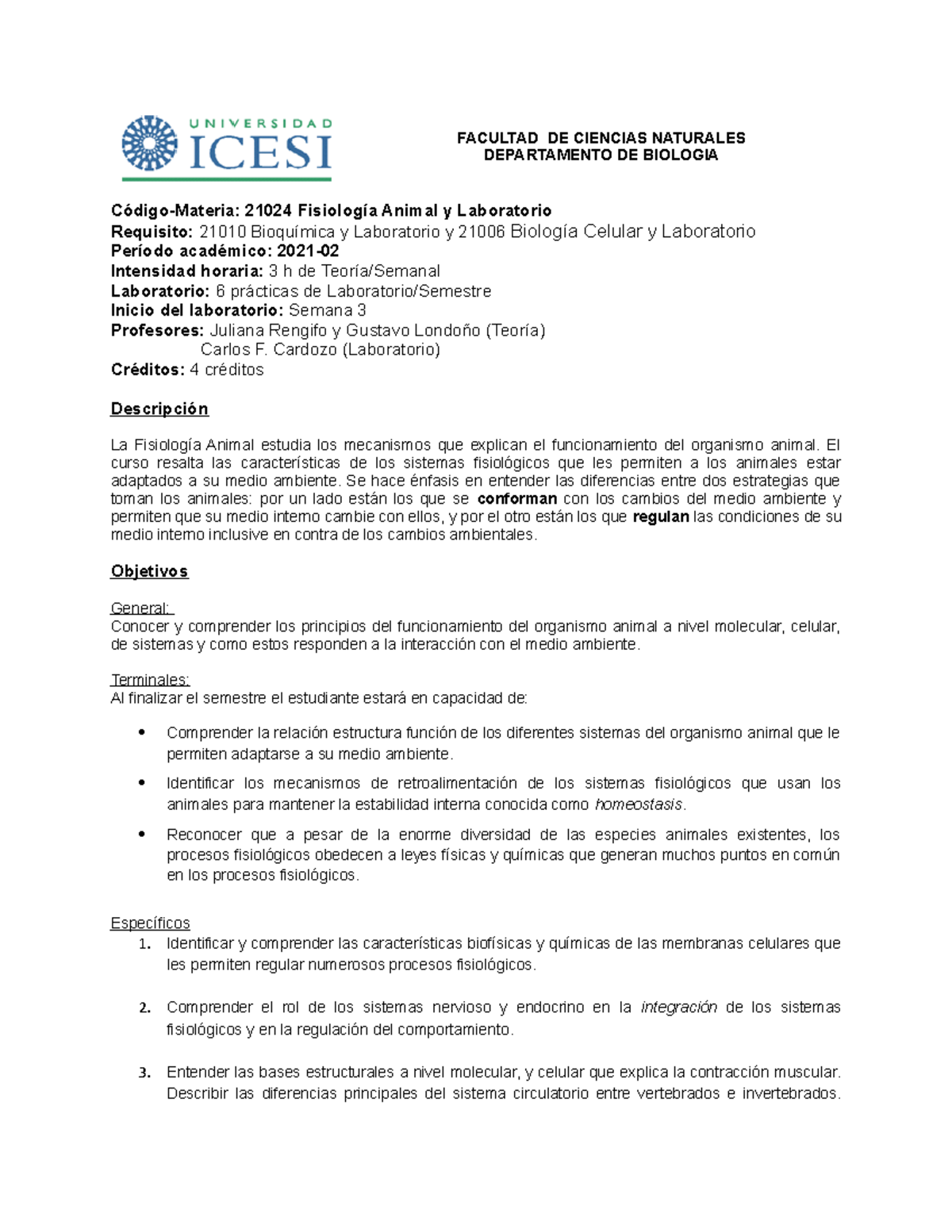 Programa y Planeador Fisiología Animal-2021-02 - FACULTAD DE CIENCIAS ...