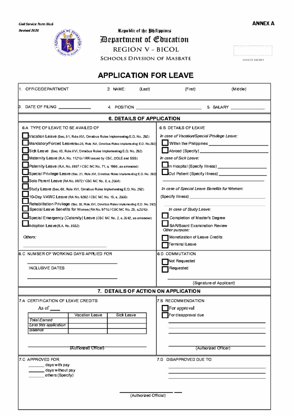 Civil Service Form 6 - Application for Leave (Revised 2020) - Studocu