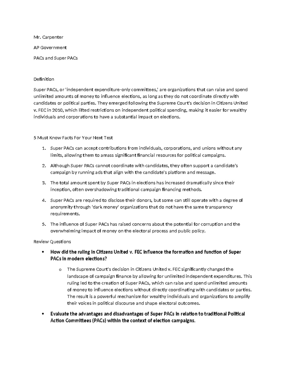 AP Government: Understanding PACs and Super PACs for Exams - Studocu