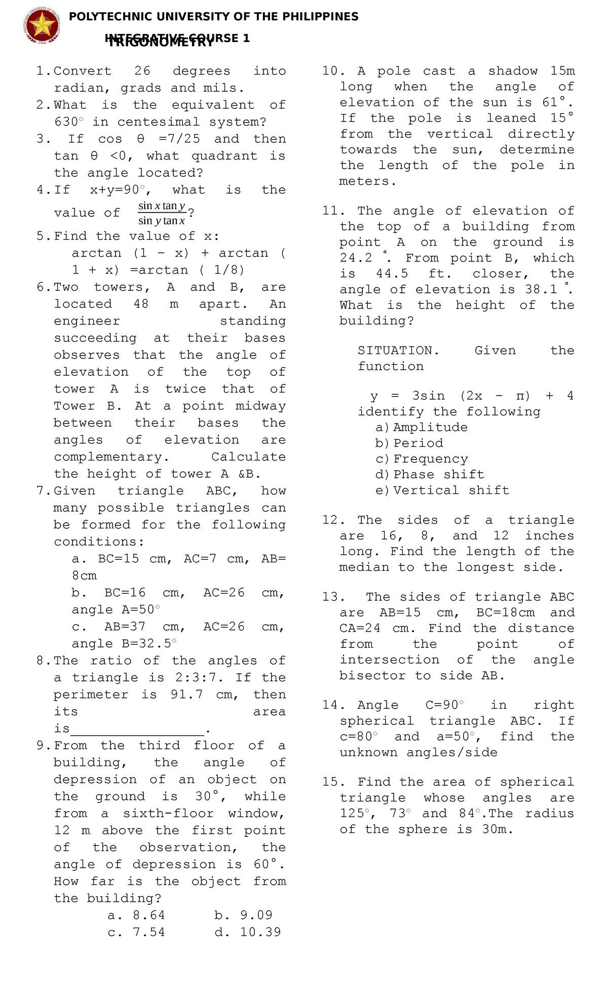 Trigo-PUP- Integrative Course 1 Lecture Notes on Angles and Triangles ...