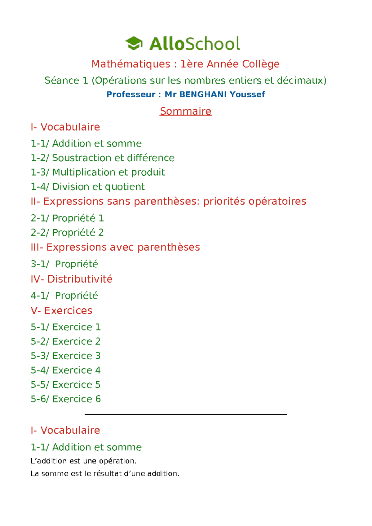 Mathématiques 1ère Année Collège : Séance 1 - Opérations Entiers et ...