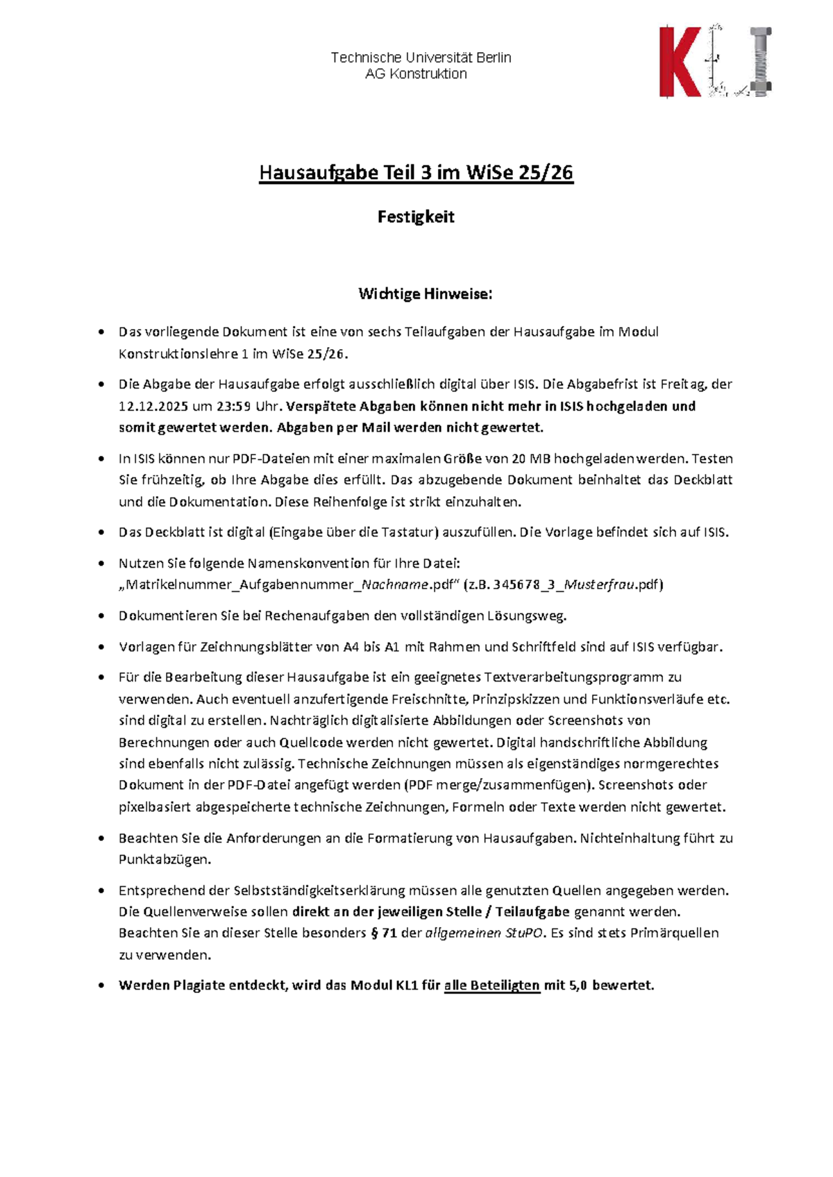 Hausaufgabe Teil 3 im WiSe 2526 - Festigkeit Konstruktionslehre 1 - Studocu