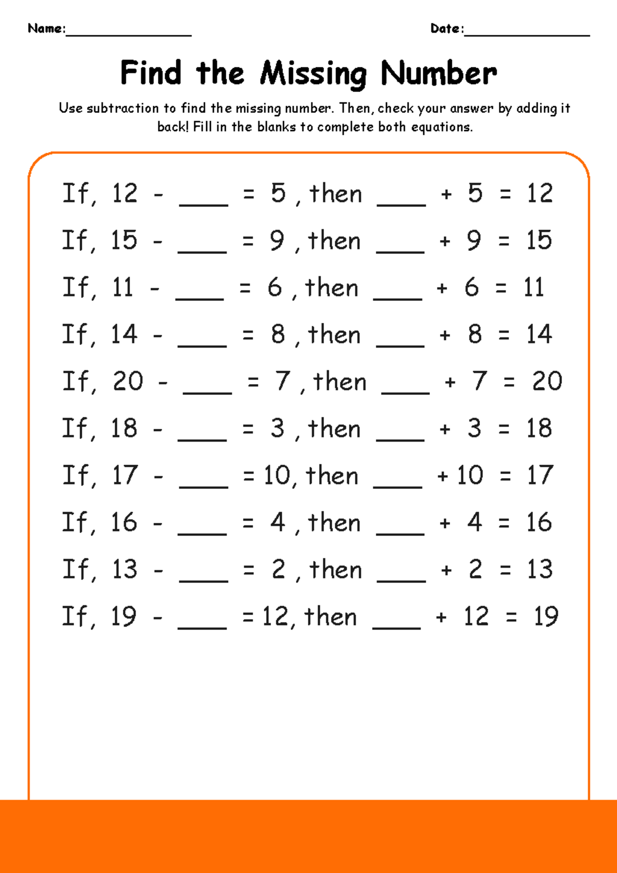 Find the Missing Number - 1st Grade Worksheet - If, 12 - ___ = 5 , then ...