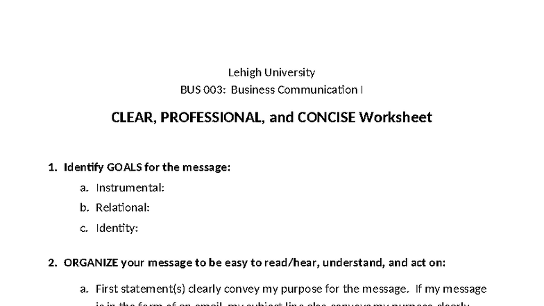 Lehigh University BUS 003: Clear, Professional, and Concise Worksheet ...