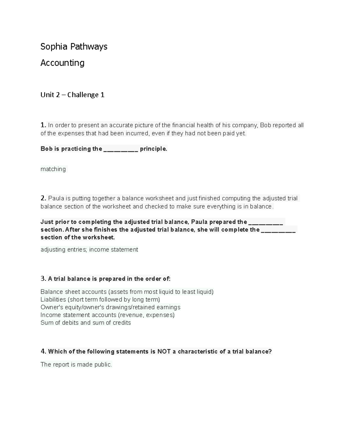 ACC 100 Unit 2 Challenge 1 Solutions and Key Concepts - Studocu