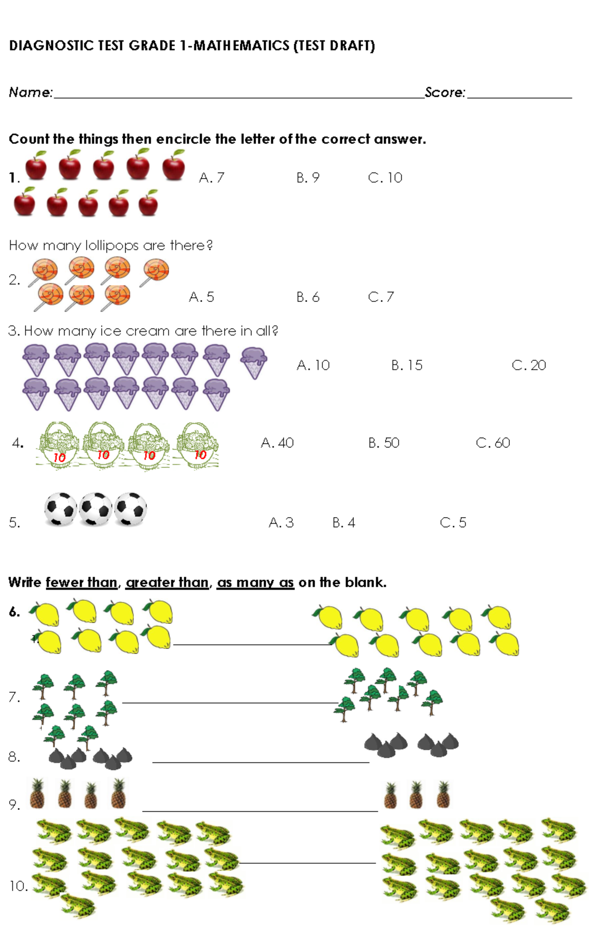 PRE-TEST Mathematics 1 - DIAGNOSTIC TEST GRADE 1-MATHEMATICS (TEST ...