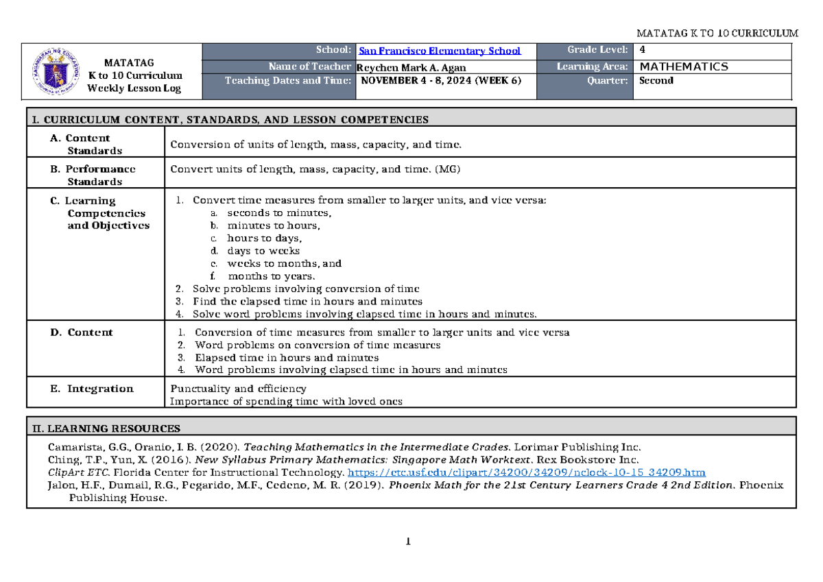 DLL Matatag MATH 4 Q2 W6 - Time Conversion and Elapsed Time Activities ...
