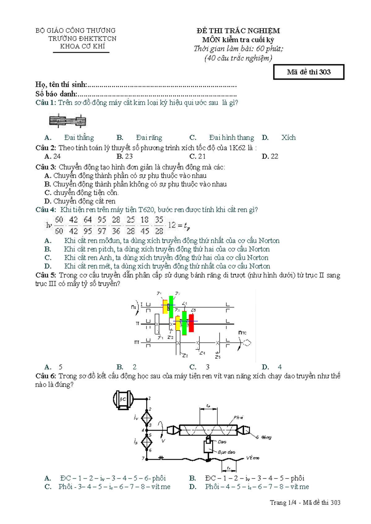 ĐỀ THI TRẮC NGHIỆM MÔN Kiểm Tra Cuối Kỳ - Mã Đề 303 - Studocu