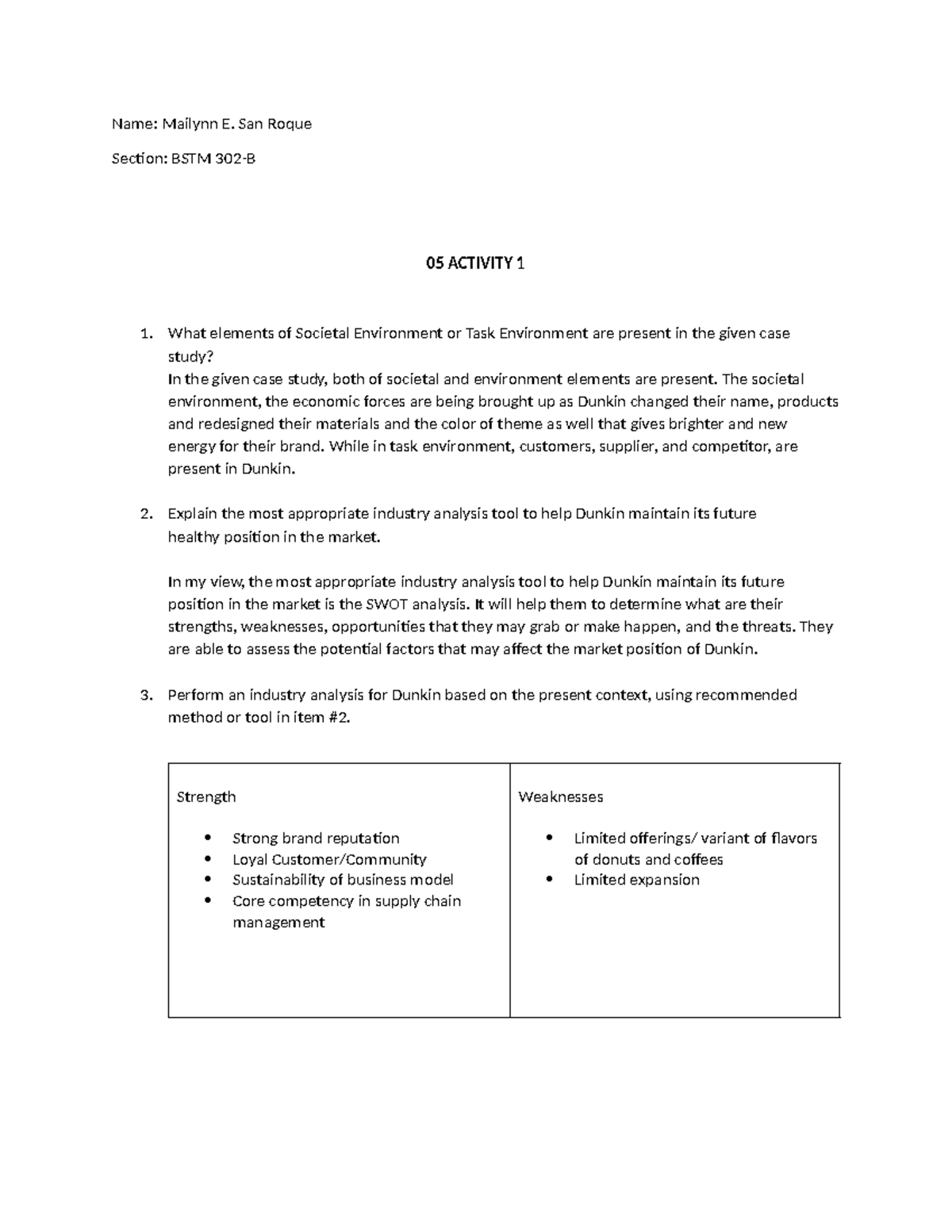 BSTM 302-B Activity 1: Dunkin Industry Analysis and Insights - Studocu