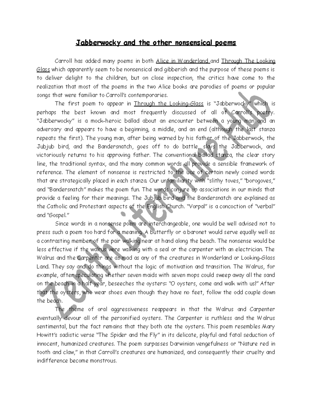 Jabberwocky: An Analysis of Nonsense in Carroll's Poetry - Studocu