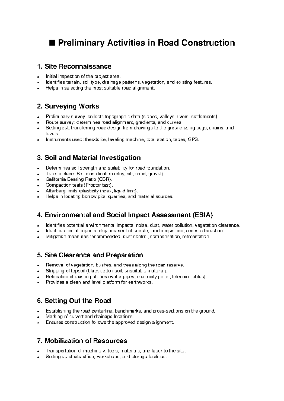 Preliminary Activities in Road Construction: Site Reconnaissance ...