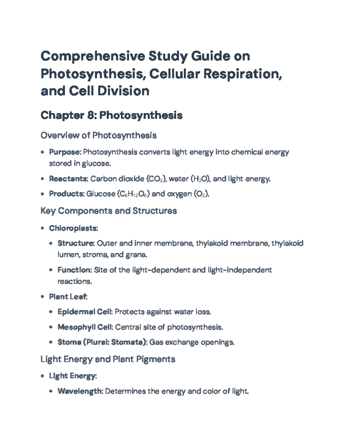 Comprehensive Study Guide: Photosynthesis, Respiration & Cell Division ...