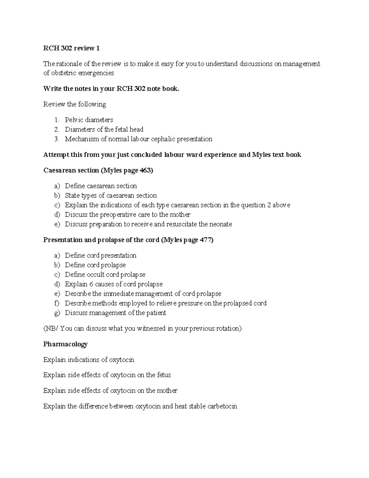 RCH 302 Final Exam Review: Obstetric Emergencies & Procedures - Studocu