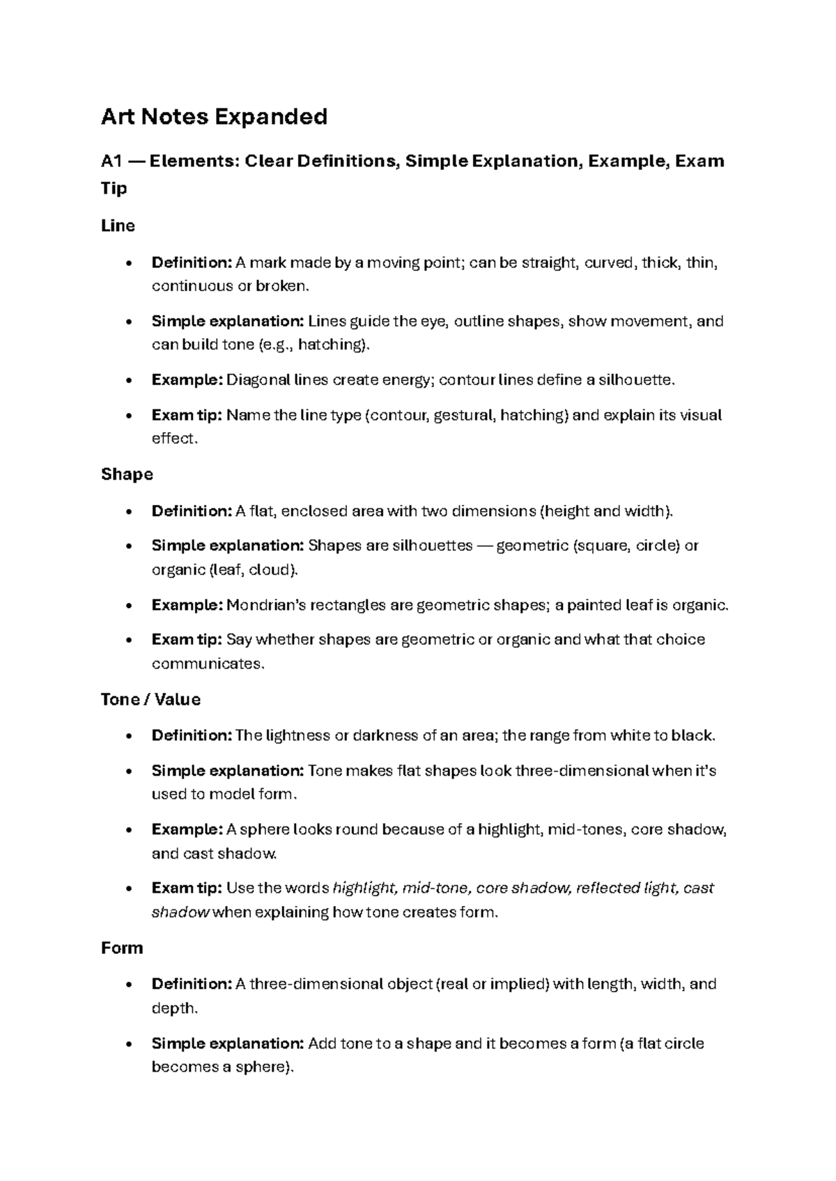 Art Notes Expanded A1: Key Elements, Definitions, and Exam Tips - Studocu