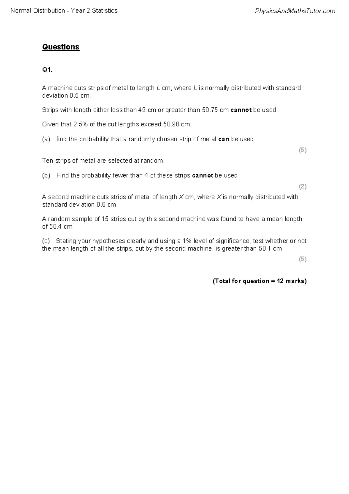 Normal Distribution Examination Questions - MATH 101 - Studocu