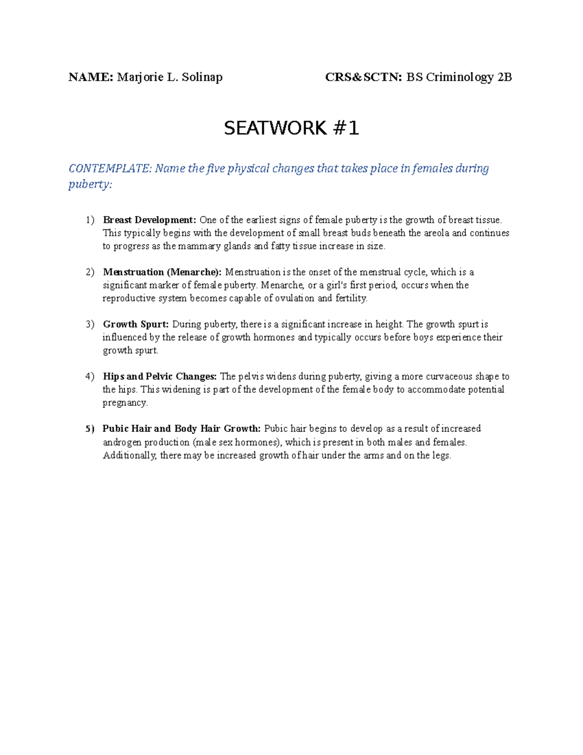 Seatwork #1: Female Physical Changes During Puberty - GSOC Midterm ...
