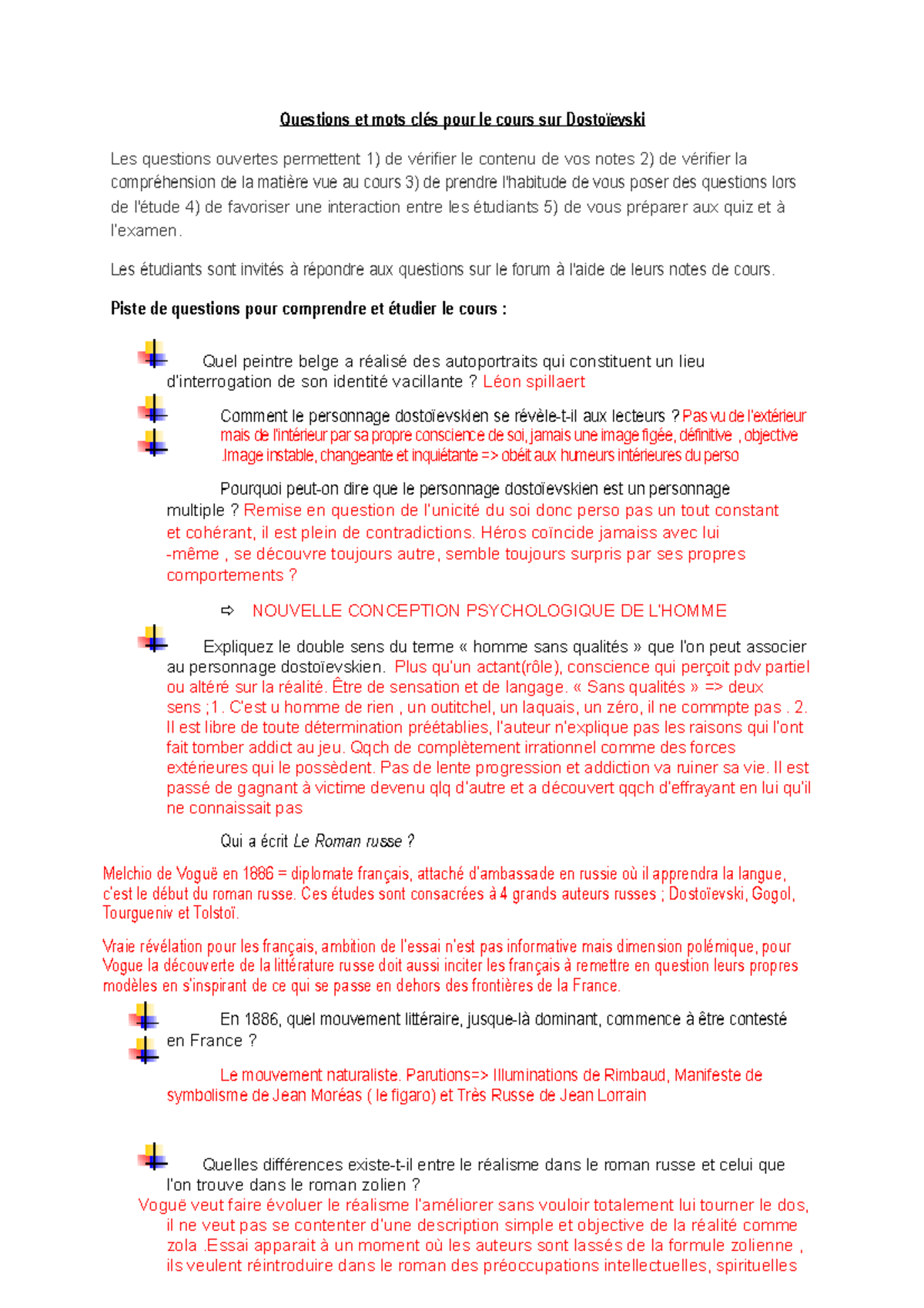 Questions et mots clés pour le cours sur Dostoïevski - Questions et ...