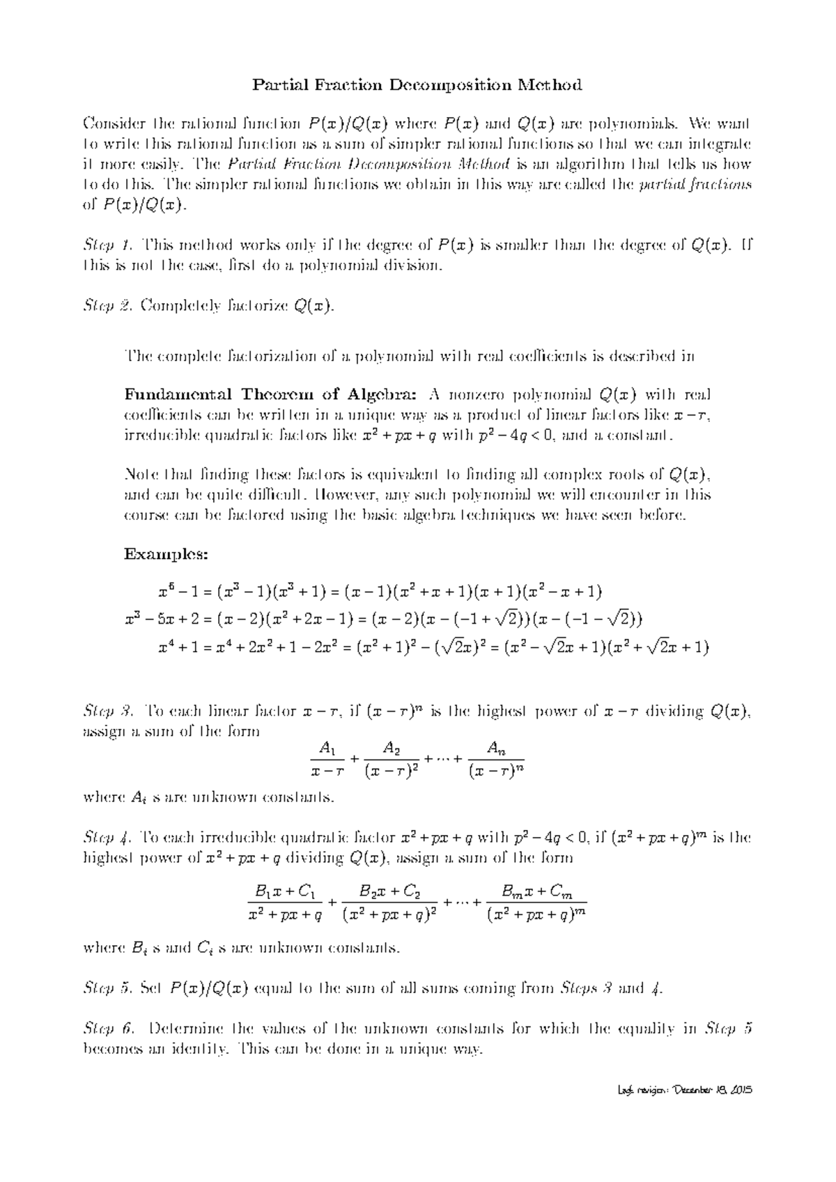 Partial Fraction Decomposition Method - Math 101 Lecture Notes - Studocu