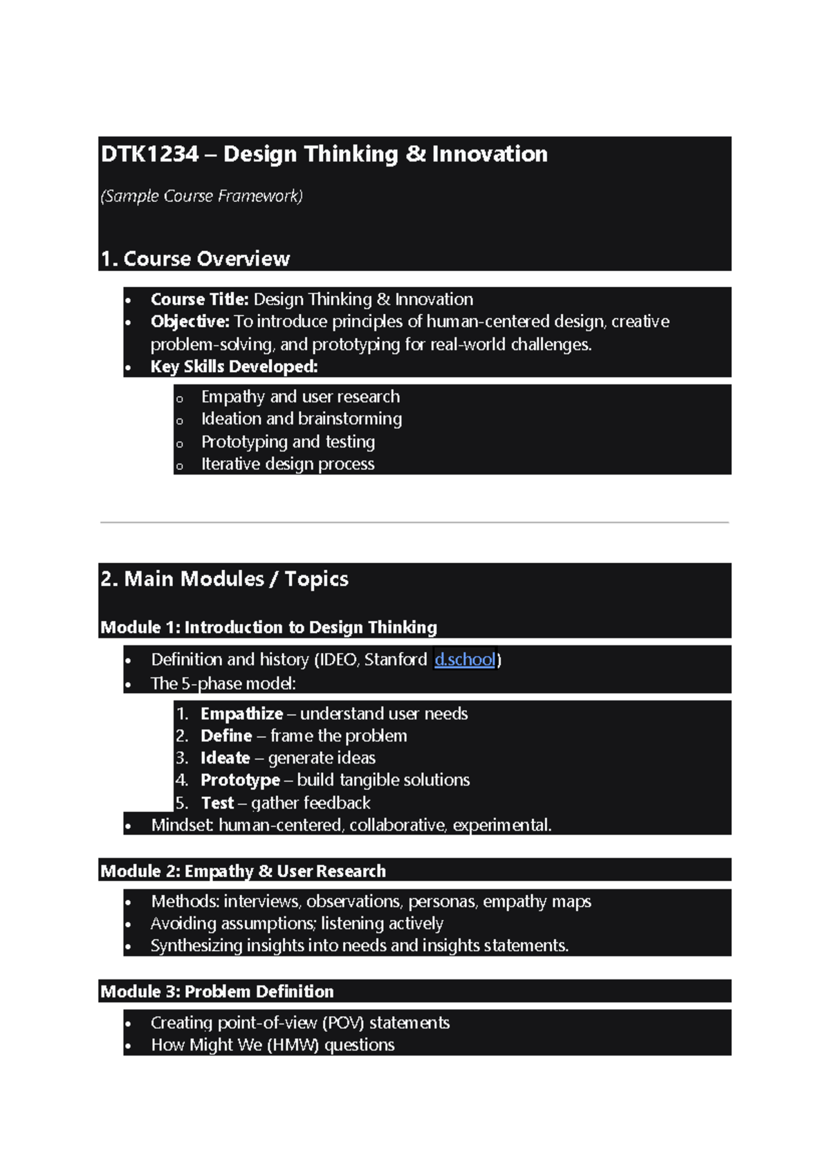 DTK1234 Design Thinking Innovation Course Notes and Framework - Studocu