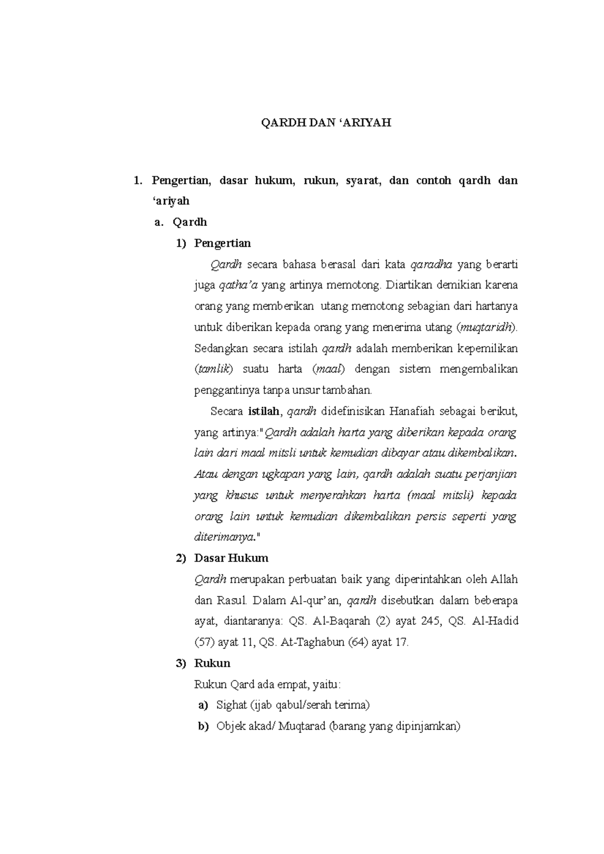 Qardh dan 'Ariyah: Pengertian, Rukun, dan Dasar Hukum - Studocu