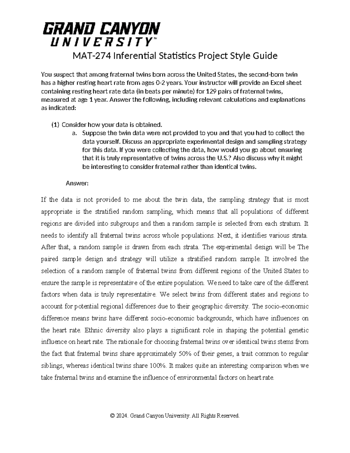MAT 274 RS Inferential Statistics Project Style Guide FA24 - Studocu