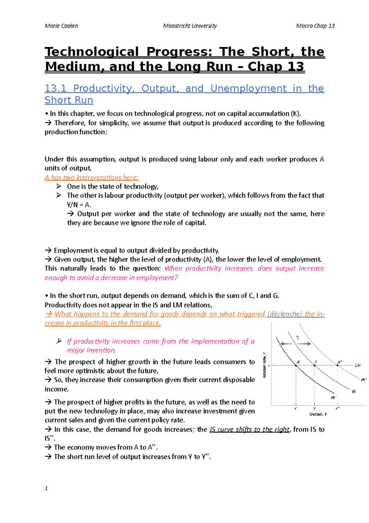 Macro - Chapter 13 Summary: Tech Progress in Short and Medium Run ...
