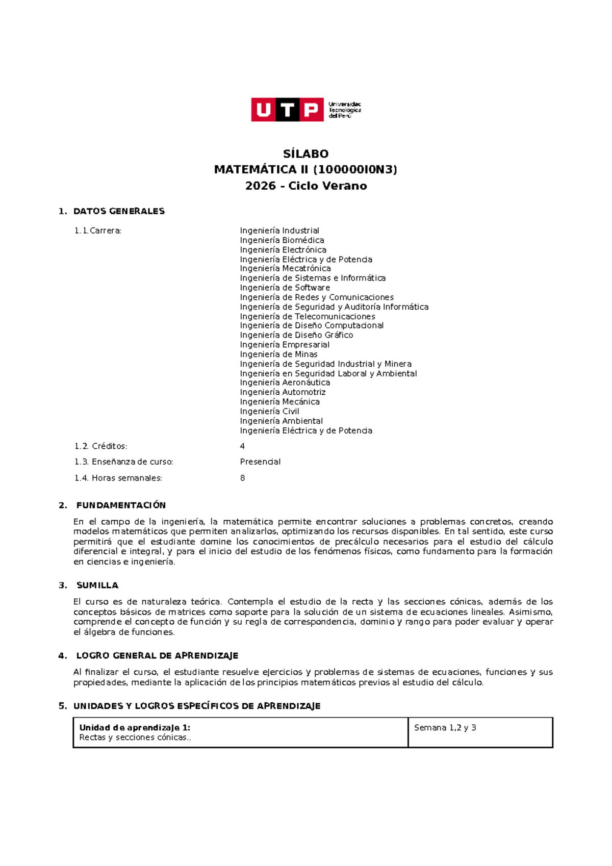 Sílabo de Matemática II - Ingeniería 2026 Ciclo Verano - Studocu