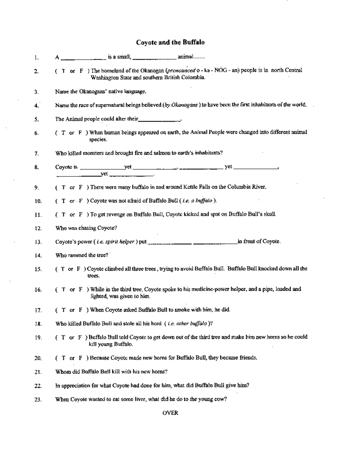 Coyote and the Buffalo by Mourning Dove Guided Reading Worksheet - Studocu