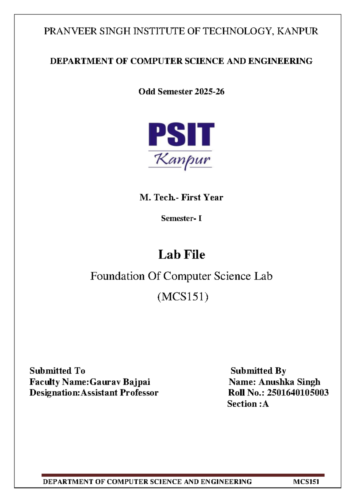 MCS151 Lab File: Foundation of Computer Science - Odd Semester - Studocu