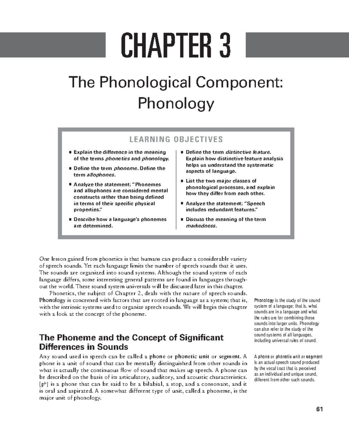 Phonology. Phonemes 2 - 61 CHAPTER 3 The Phonological Component ...