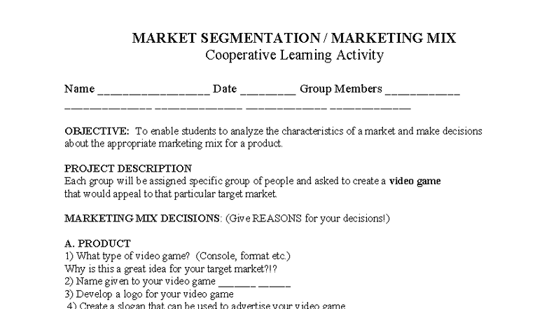 SEM Market Segmentation: Video Game Marketing Mix Project - Studocu