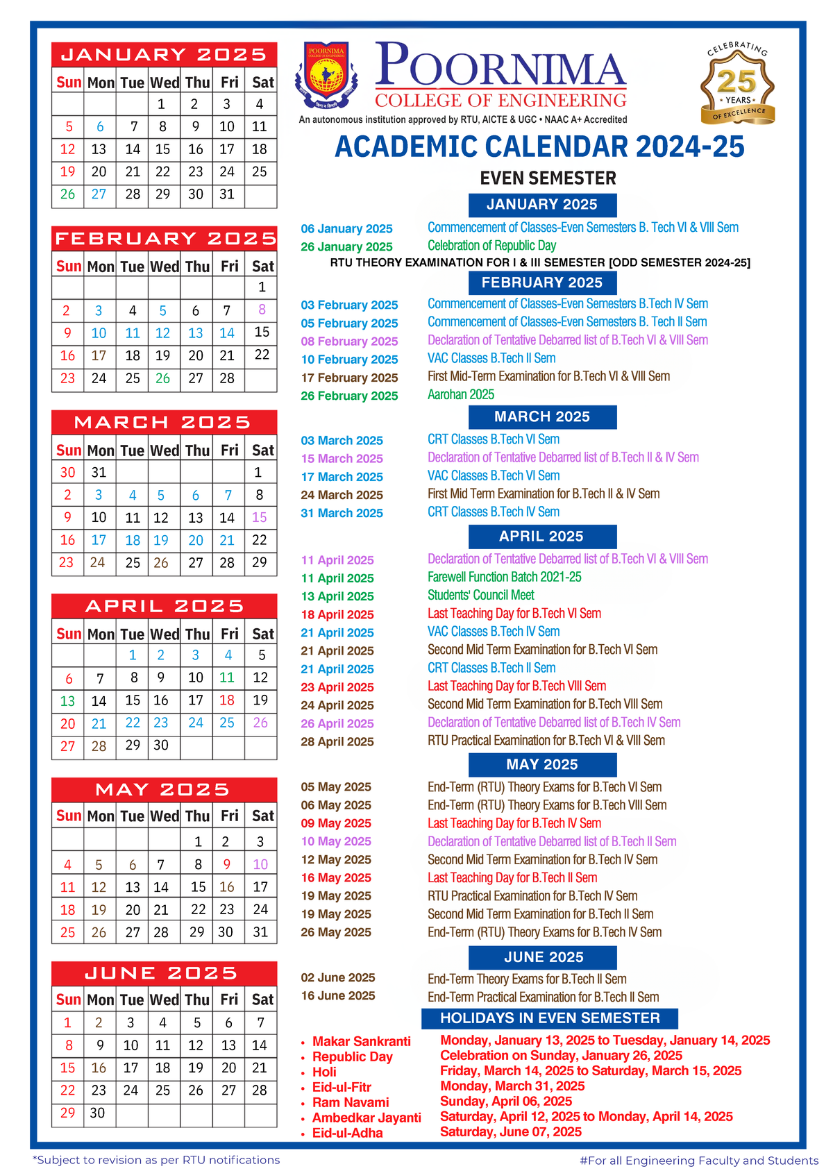 PCE Academic Calendar for Even Semester 2024-25 (January to June) - Studocu