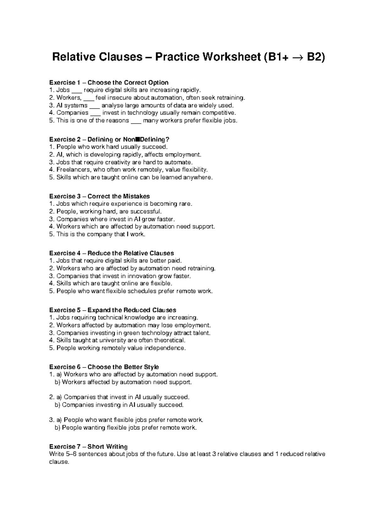 Relative Clauses Practice Worksheet B2: Exercises and Activities - Studocu