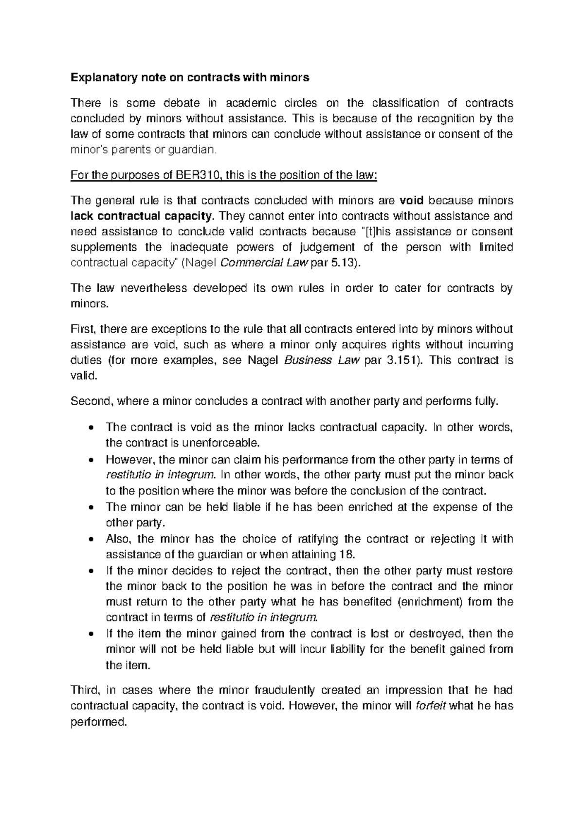 BER 310 Explanatory note on contracts with minors - Explanatory note on ...