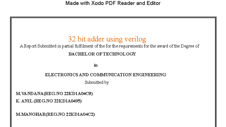 32-Bit Adder Design Using Verilog - B.Tech in ECE (UGBS3T0123) - Studocu