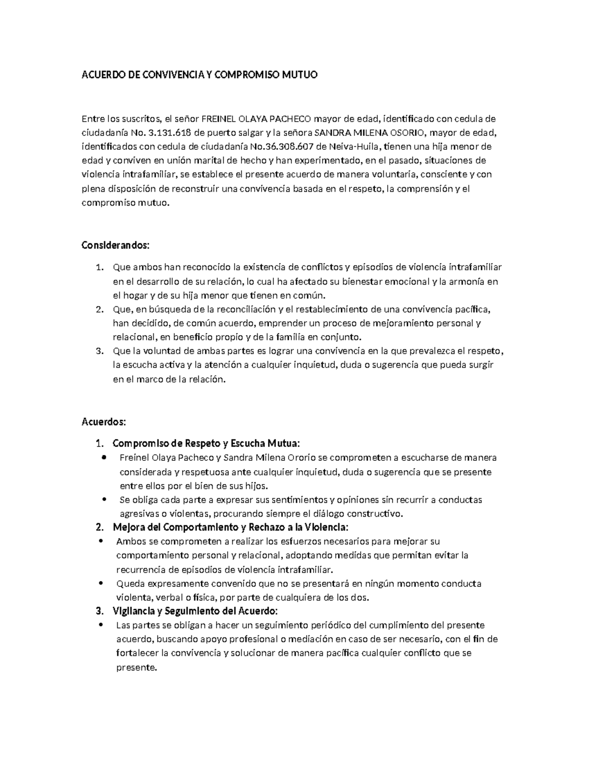 Acuerdo DE Convivencia Y Compromiso Mutuo - ACUERDO DE CONVIVENCIA Y ...