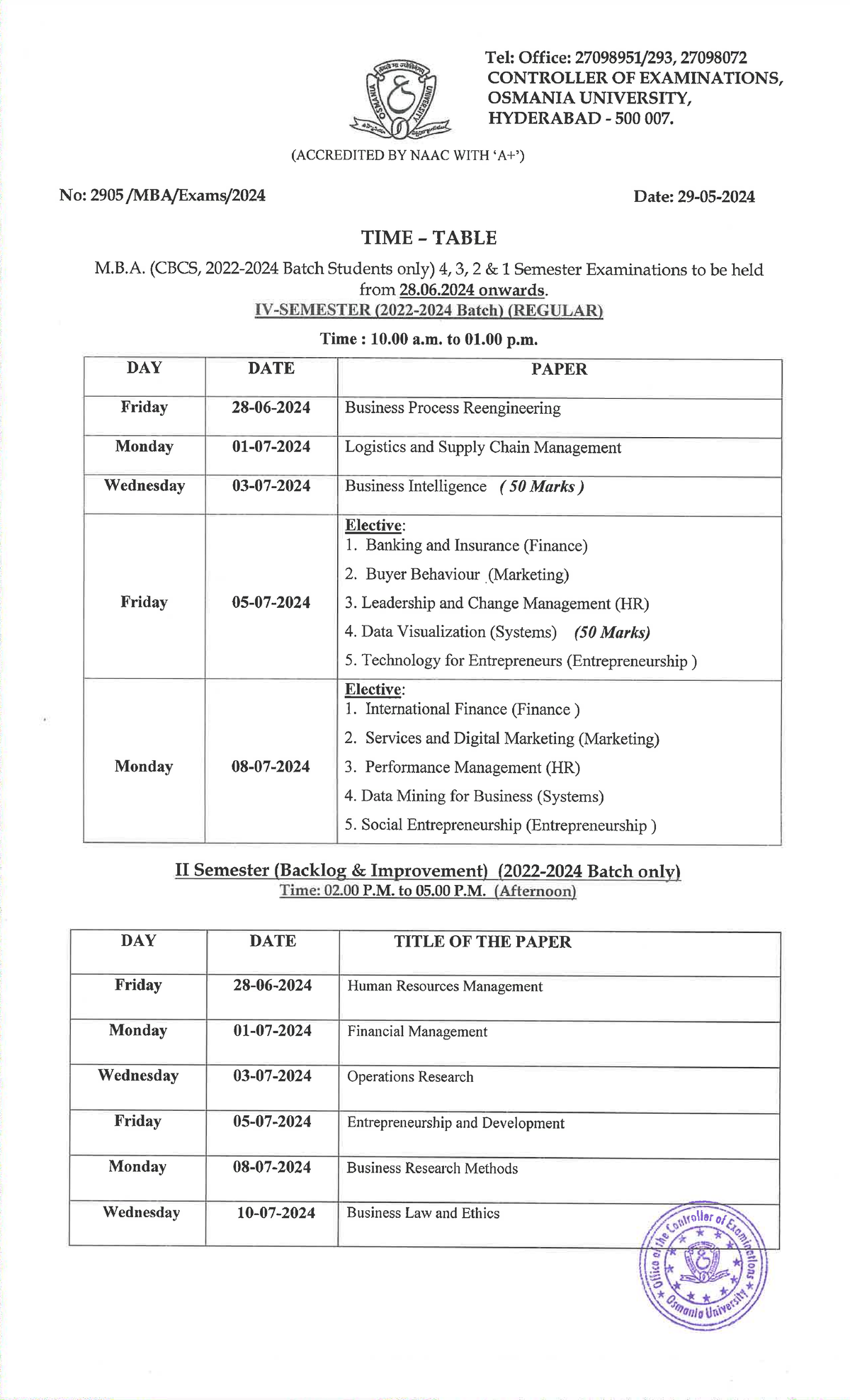 M.B.A. (CBCS) 4th Semester Exam Time Table - Osmania University - Studocu