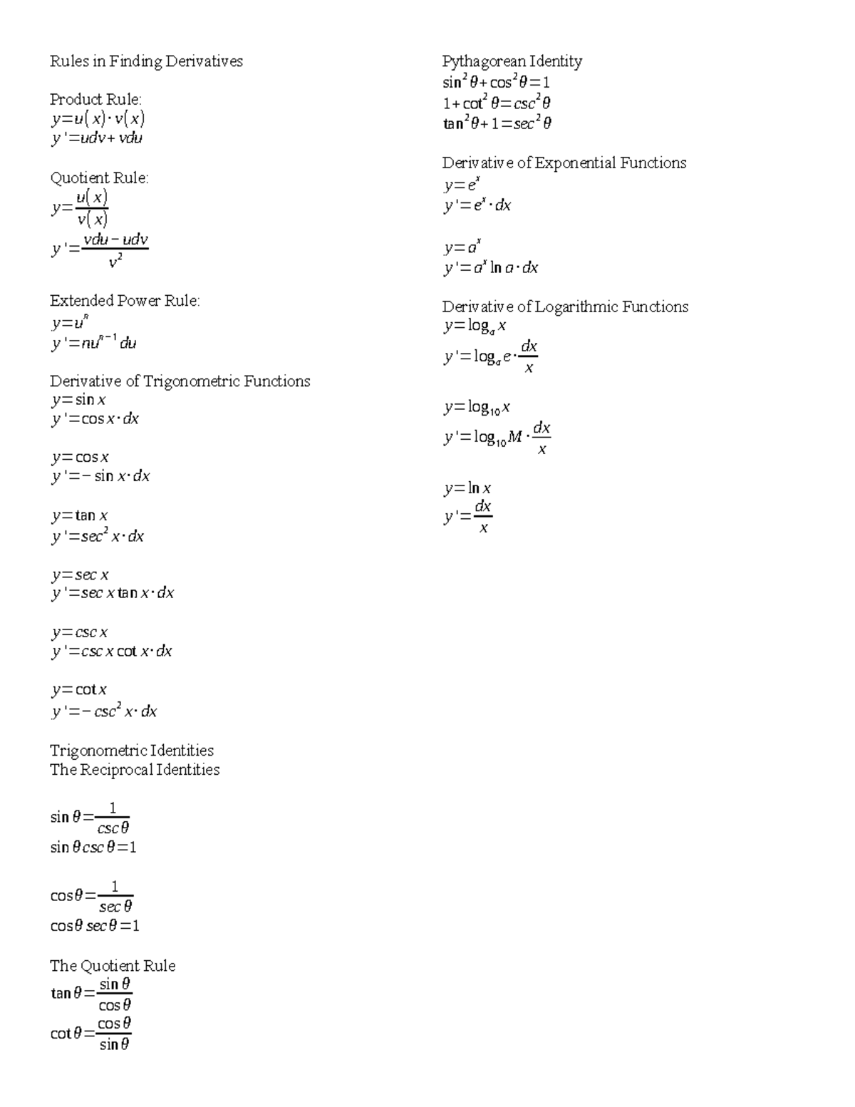 Calculus 101: Rules for Finding Derivatives Guide - Studocu