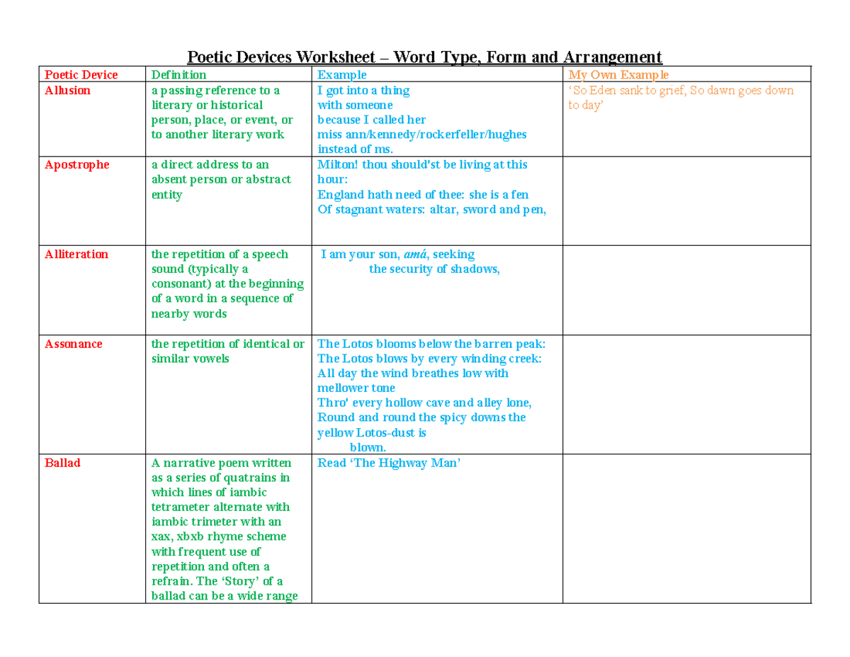 1 poetic devices worksheet with examples-2 - Poetic Devices Worksheet ...