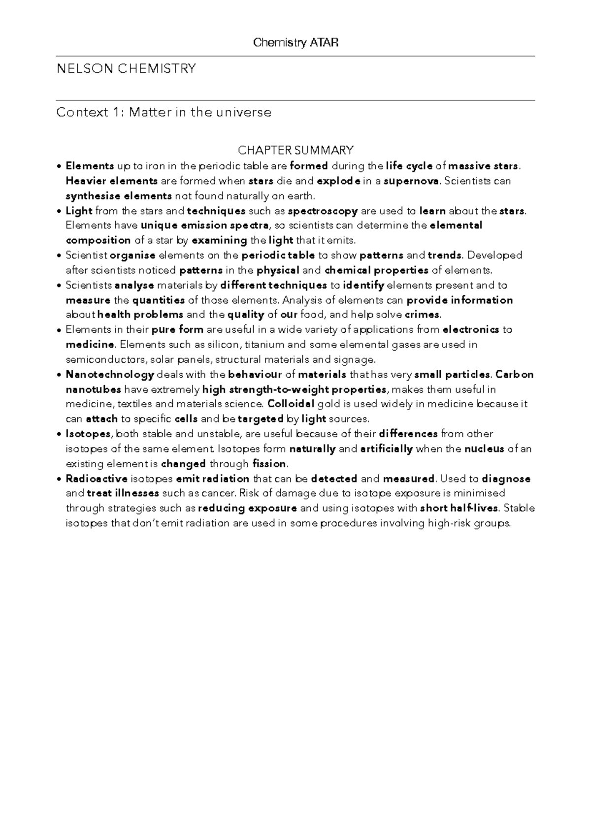 Chemistry ATAR Unit 1: Matter, Elements, and Reactions Overview - Studocu