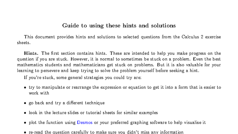 Calculus 2 Exercise Sheet 5: Hints & Solutions (2025) - Studocu