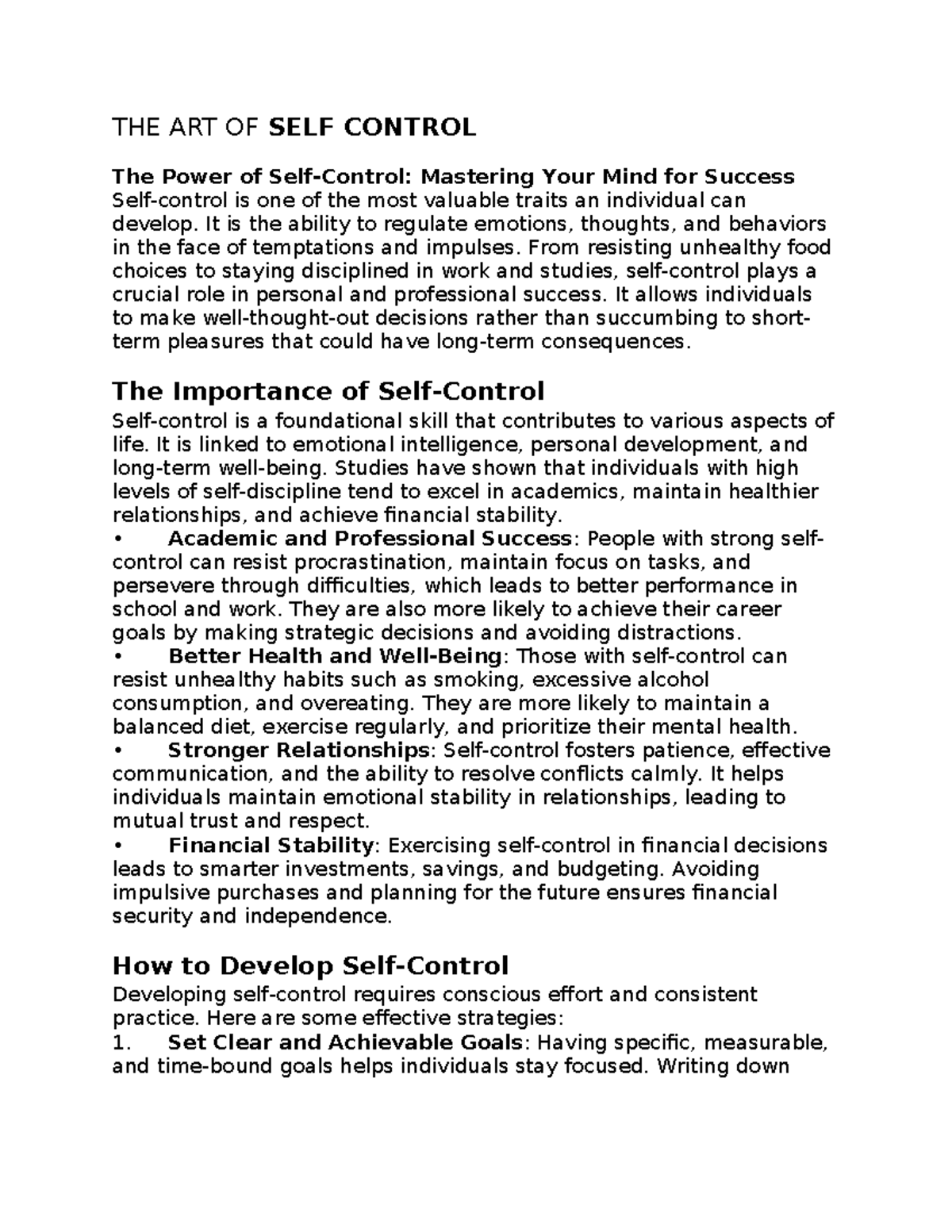 THE ART OF SELF Control - THE ART OF SELF CONTROL The Power of Self ...