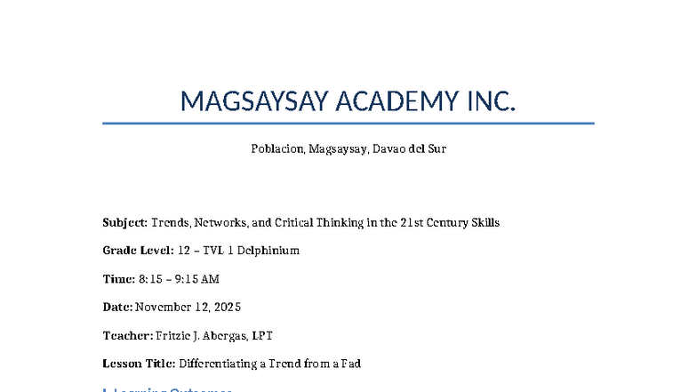 Grade 12 TVL 1 Lesson Plan: Differentiating Trends from Fads - Studocu