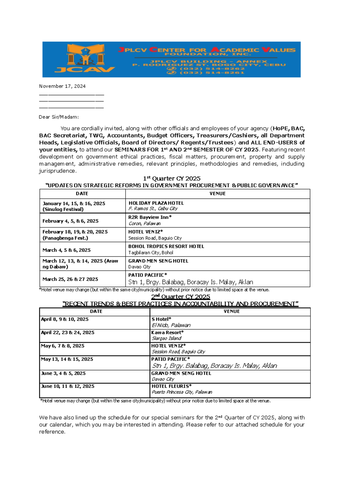 JCAV 1st & 2nd Semester Special Seminar Schedule 2025 - Studocu