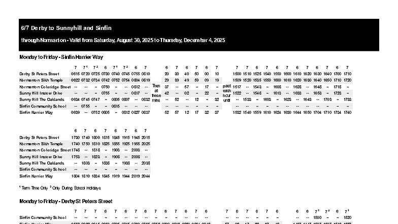 6 7 Derby to Sunnyhill and Sinfin Bus Schedule (Aug-Dec 2025) - Studocu