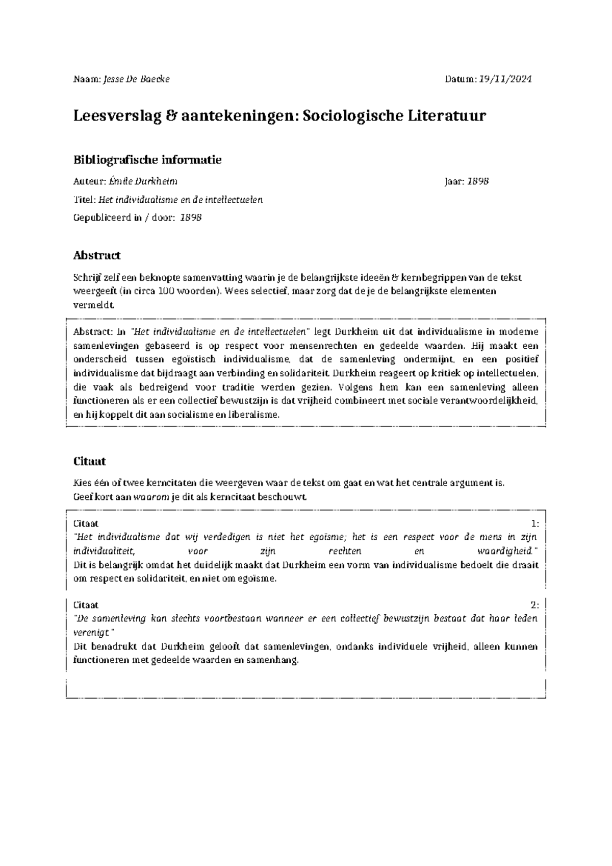 Leesverslag Émile Durkheim: Het Individualisme en de Intellectuelen ...
