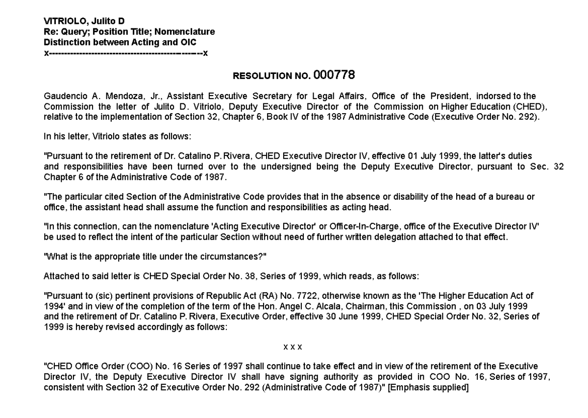 CSC Philippines - Resolution No. 000778: Distinction of Acting vs OIC ...